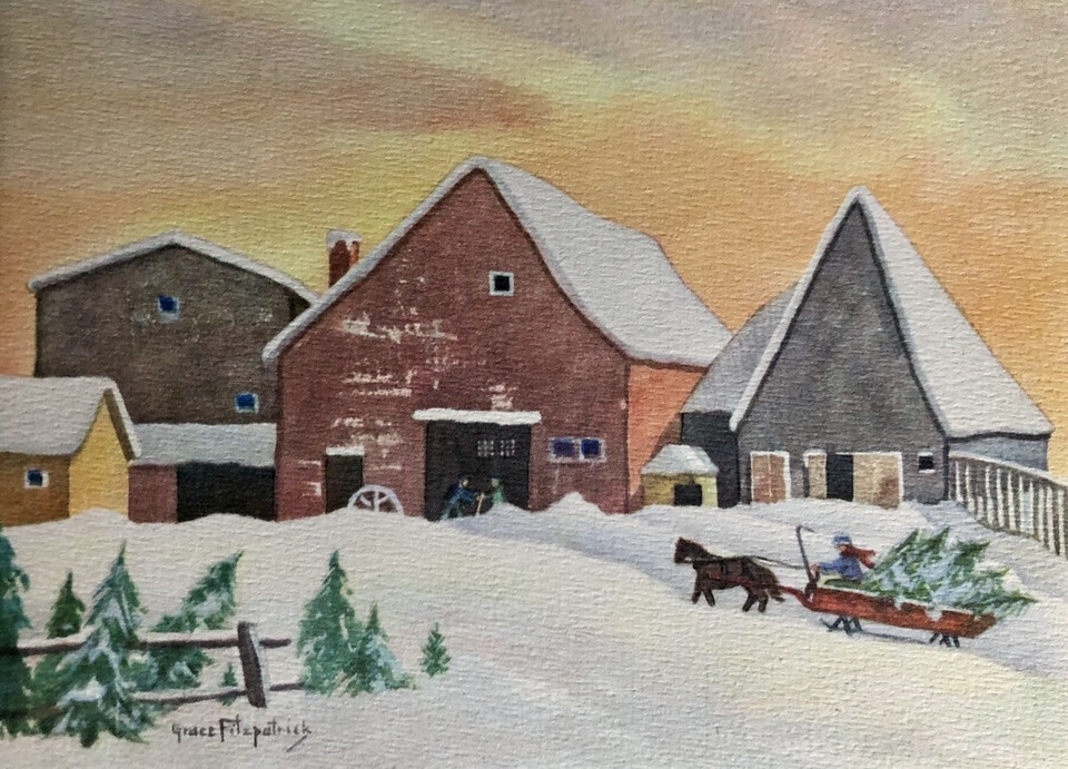 Vtg UNUSED Christmas Card Art Grace Fitzpatrick Tree Farm Horse Sleigh ...