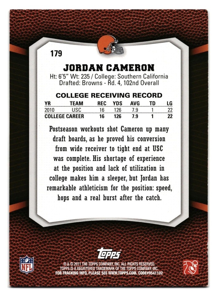 2011 Topps Rookie Rising Jordan Cameron Rookie Cleveland Browns #179 | eBay
