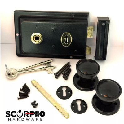 Traditional Rim Lock 6" x 4" with Rim Knob Set Black Shed Door with ...