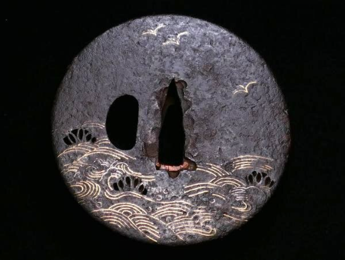 TSUBA Waves & Plovers Heianjo Brass Inlay Japanese Iron Sword Guard Edo ...