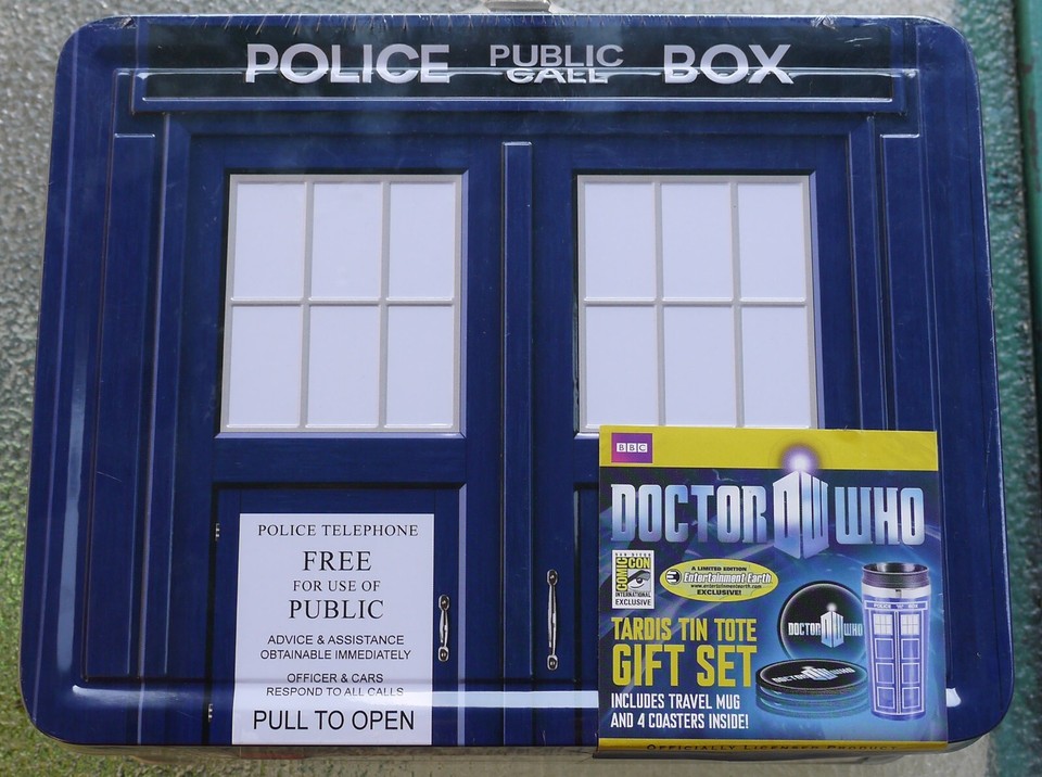 NEW Doctor Who TARDIS Police Tin Metal Lunch Box w/Travel Mug and 4 ...
