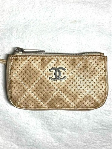 Chanel leather Coco mark coin purse card case key ring beige Auth Used ...