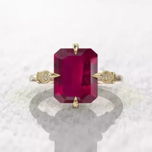 3.00CT Emerald Cut Lab Created Red Ruby Engagement Ring 14K Yellow Gold ...