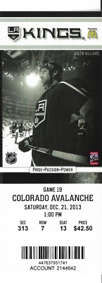 LOS ANGELES KINGS Vs Avalanche 12/21/2013 TICKET Martin Jones won his ...