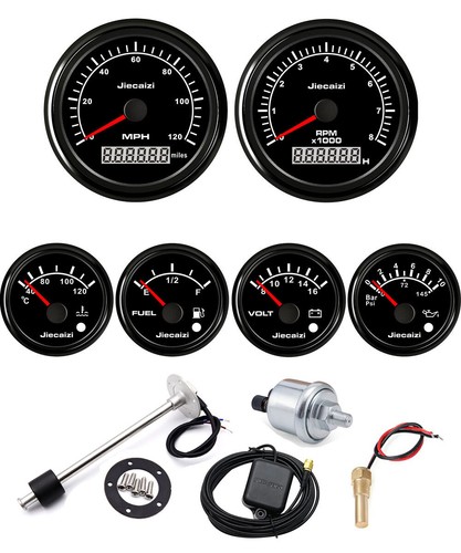6 Gauge Set with Sender GPS 120MPH Speedo Tacho Fuel Volt Temp Black 7 ...