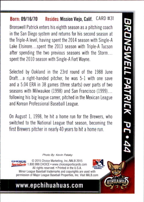 2015 El Paso Chihuahuas Choice #31 Bronswell Patrick Mission Viejo ...