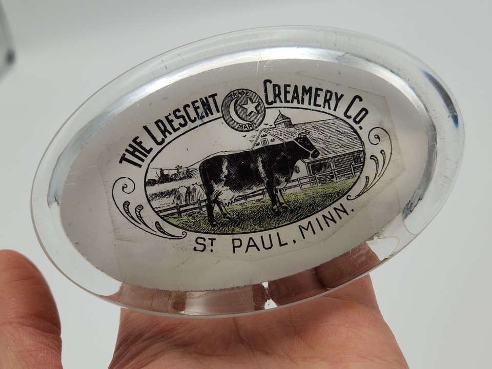 Antique 1901 Glass Advertising Paperweight The Crescent Creamery Co Cow ...