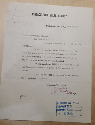 1917 Antique Document, Philadelphia Sales Agency Co., J.D. Ellis Signed ...