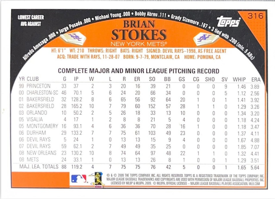 2009 Topps #316 Brian Stokes - New York Mets - Baseball Card | eBay