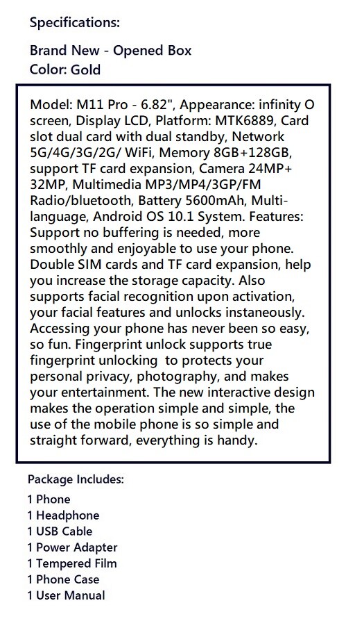M11 Pro 6.82" SmartPhone 8GB+128GB Android 10 Dual Sim Unlocked Mobile ...