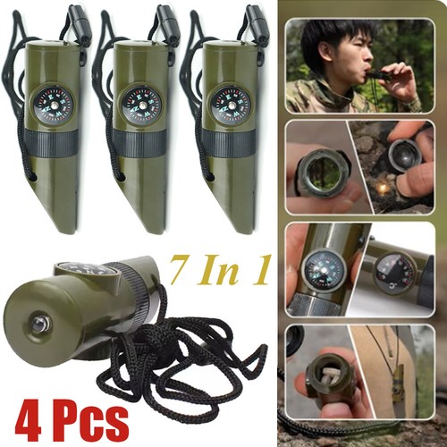 4pc 7 in 1 Military Emergency Survival Whistle Compass Thermomet Tools ...