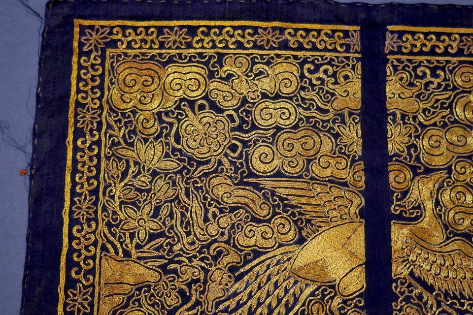 Fine Antique Chinese Gold Thread Silk Embroidered Rank Badge Set For ...