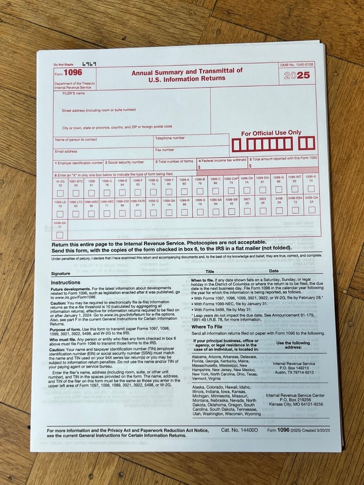 2025 IRS Tax Form 1096 Annual Summary and Transmittal - Pack of 4 | eBay