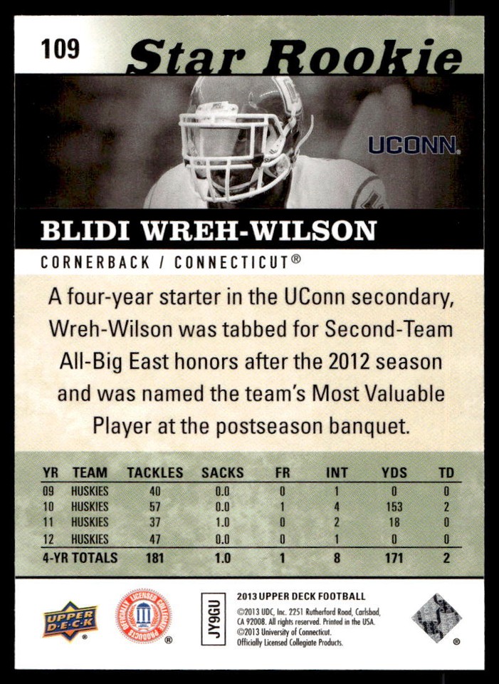 2013 Upper Deck 109 Blidi Wreh-Wilson Connecticut Huskies SR Football ...