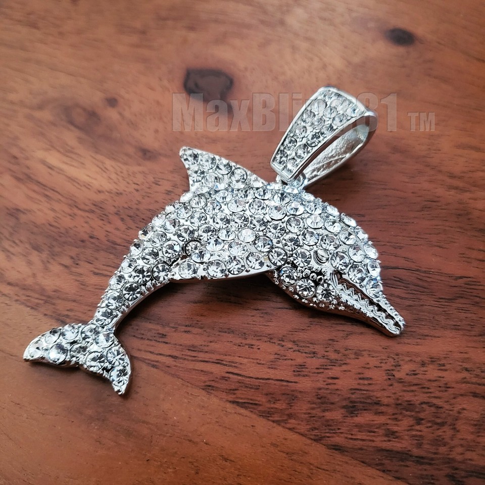 HIP HOP RAPPER'S ICED CUBIC ZIRCONIA SILVER PLATED LARGE DOLPHIN CHARM ...