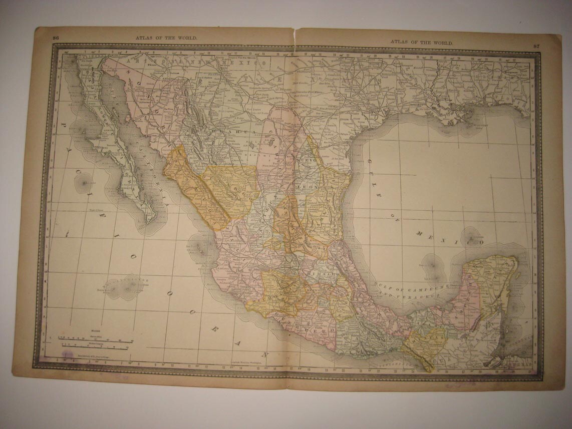 ANTIQUE 1880 MEXICO MAP TEXAS & MEXICO CITY PRINT RAILROAD SUPERB RARE ...