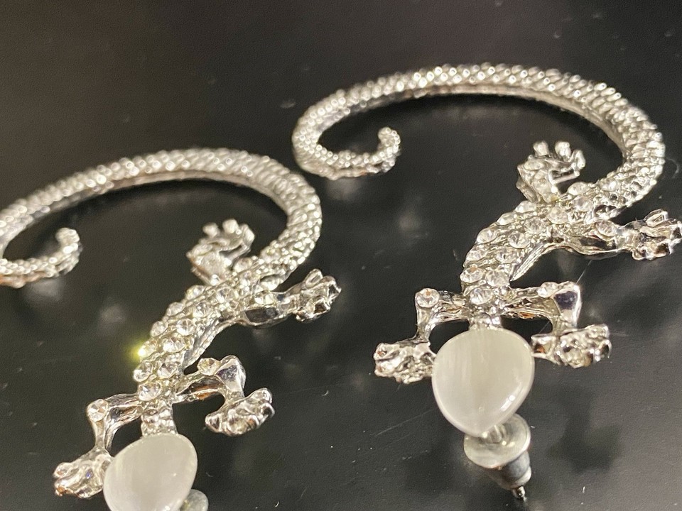 Lizard Gecko Earring Unique Retro Silver Tone Over Ear Cuff W/Crystal ...