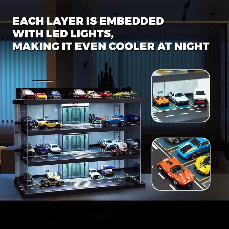 Car Display Case 4 Tier Acrylic LED Light 1/18 Model 1/24 Diecast 1/64 ...