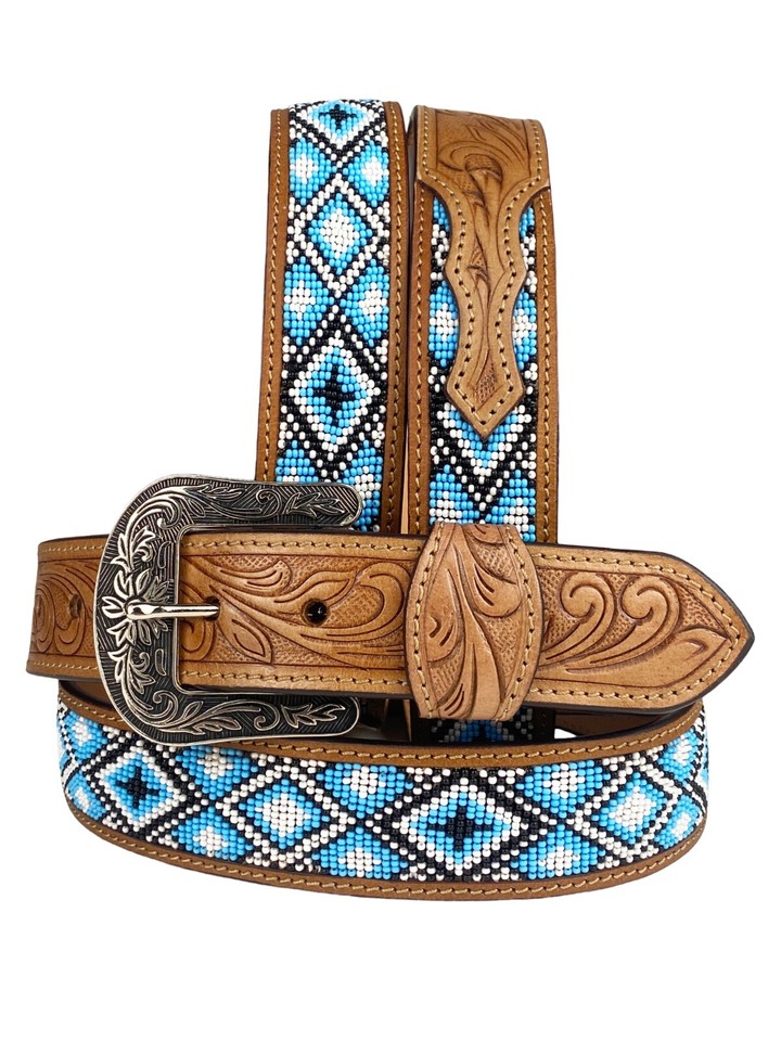 Beaded Western Belt Cowboy Rodeo Full Grain Leather Hand Tooled ...