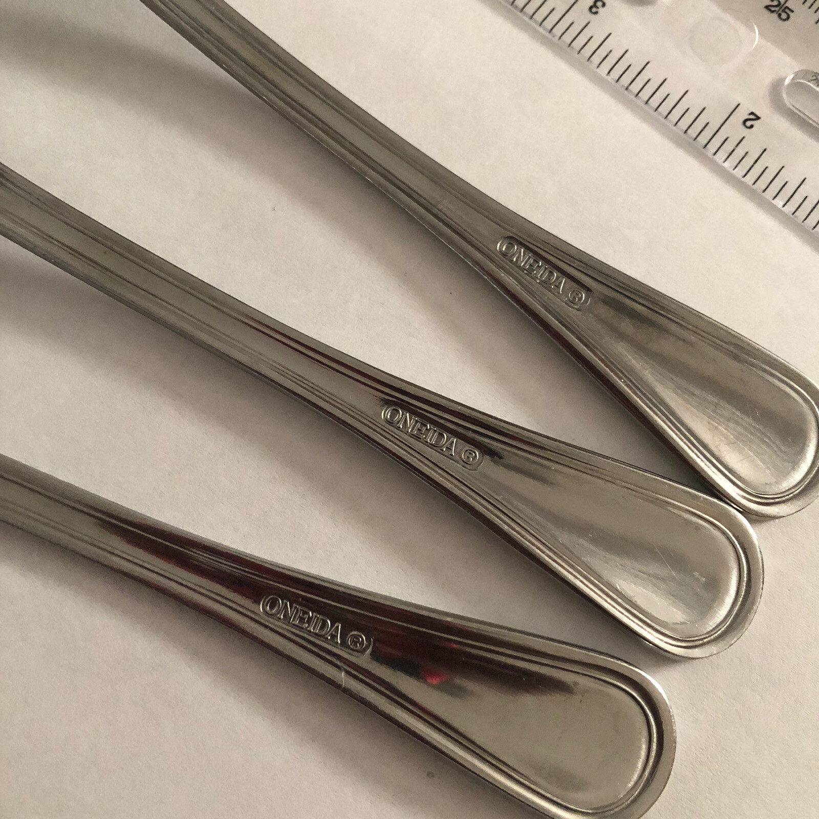 Set of 3 mirrored stainless Oneida Tress Dinner TeaSpoons Glossy Plain ...