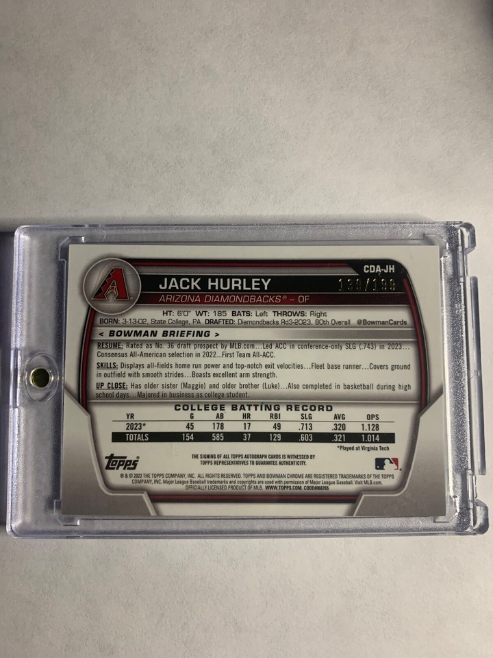 2023 1st Bowman Chrome Sapphire #CDAJH Jack Hurley Auto Blue #D /199 RC ...