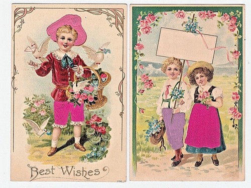 2 Lot Vintage Postcards Children Silk Clothing Girl Boy Doves Floral ...