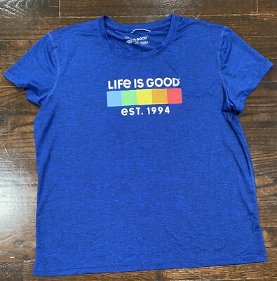 Life Is Good Blue T-Shirt Women's Size M V-Neck Graphic Short Sleeve | eBay