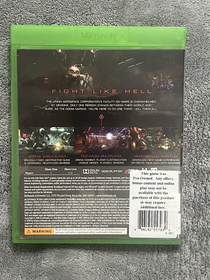 DOOM (Xbox One 2016) Case No Inserts 93155170216 | eBay