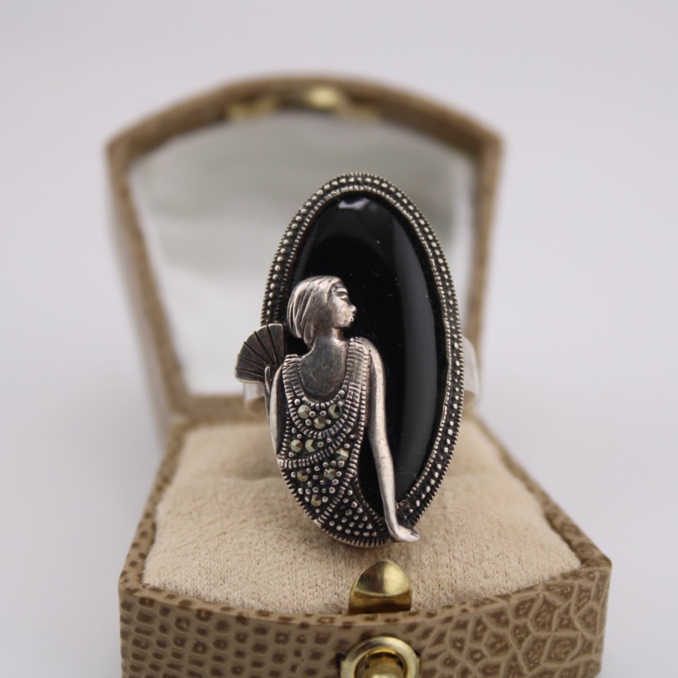 12316 Vintage Silver Ornate Onyx 1960s Lady Figure Cocktail Ring Size Q ...
