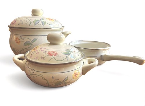 Vintage ASTA German Floral Enamelware Cookware Set With Brass Handles 5 ...