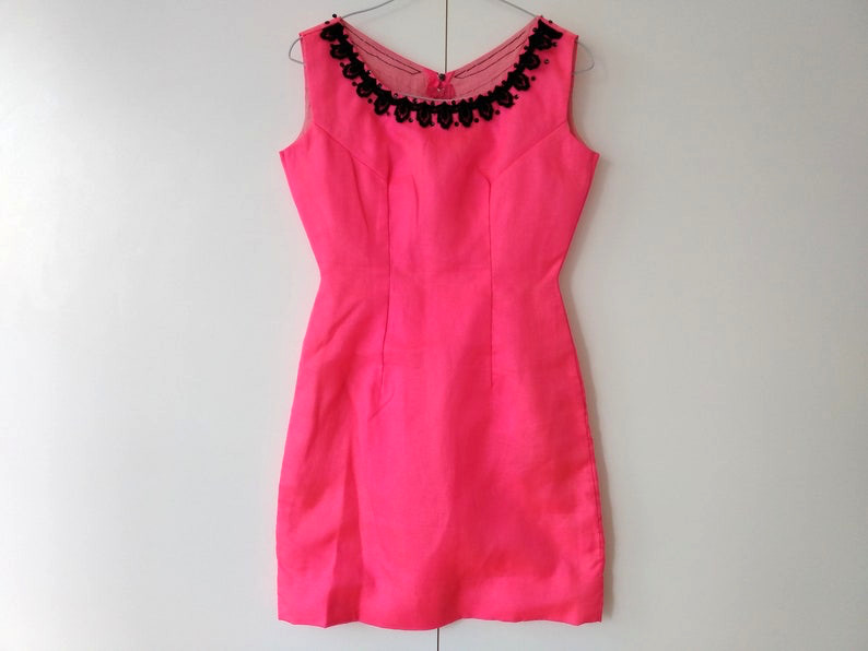 60s Neon Pink Dress with Black Lace Trim MCM Mod Hand… - Gem