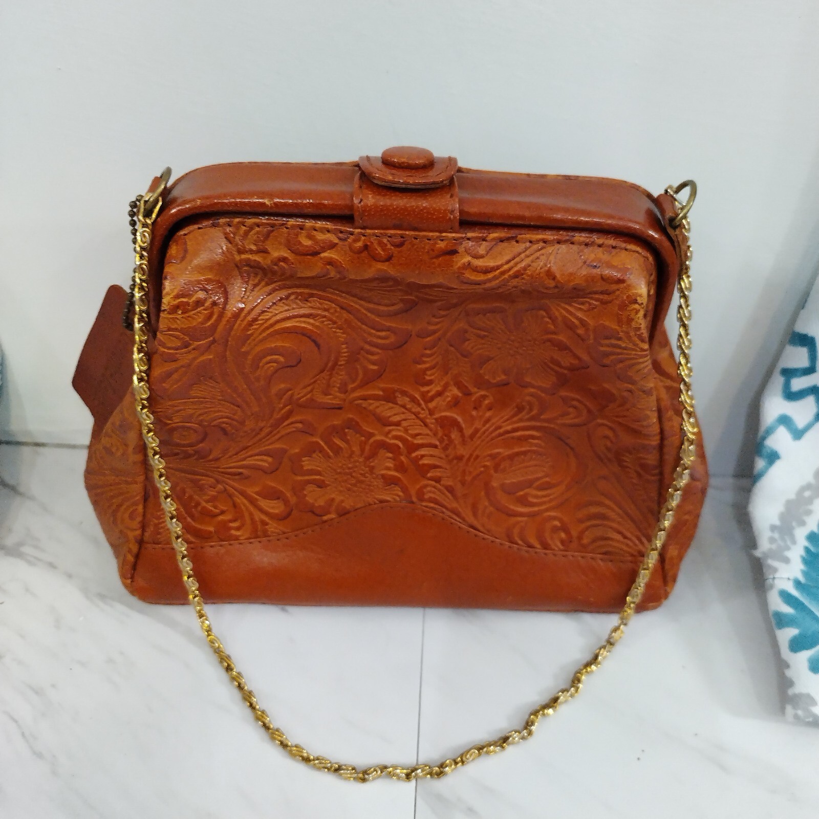 Vintage Genuine Tooled Leather Brown Handbag Purse - Gem