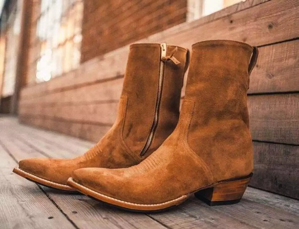 Bespoke Handmade Pure Brown Suede Leather Cowboy Boots Zipper Boots For ...