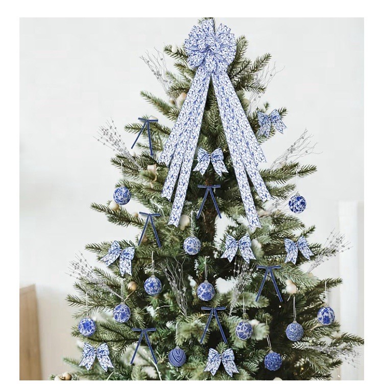 60 Pcs Christmas Chinoiserie Tree Decoration Set Tree Topper Bows Bulbs ...