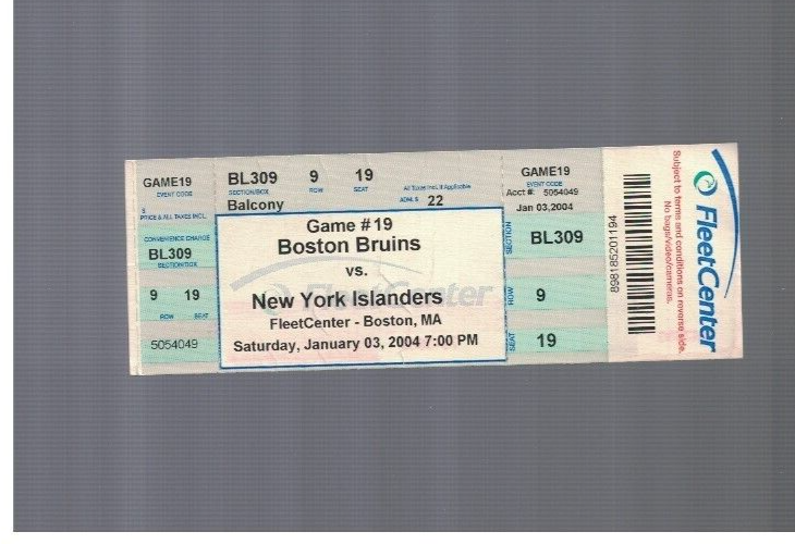 Boston Bruins vs New York Islanders Ticket 1/3/2004 Patrice Bergeron ...