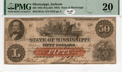 MS CR-2Ac 1862 $50 Mississippi Paper Money - PMG Very Fine 20 - PLUS ...