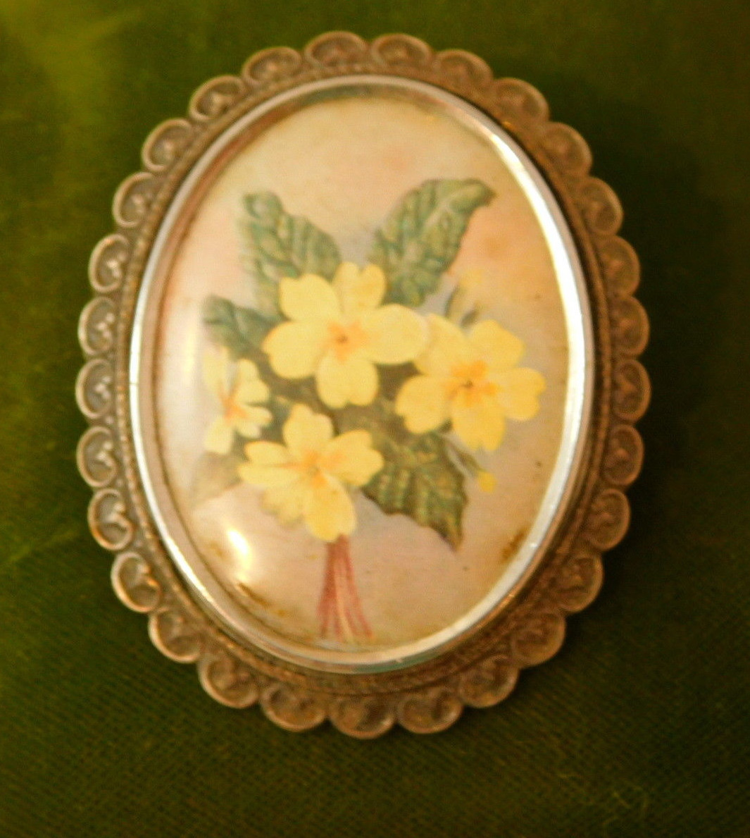 Vintage TLM England Silver Cameo Style Yellow Primrose Flower Silver ...