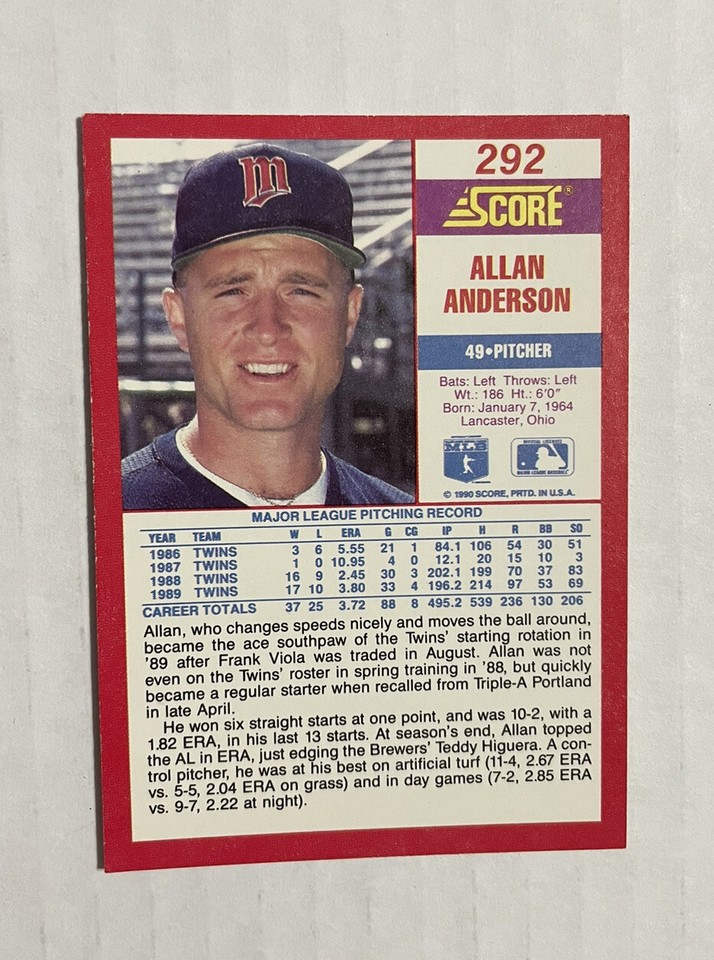 1990 Score #292 Allan Anderson Minnesota Twins | eBay