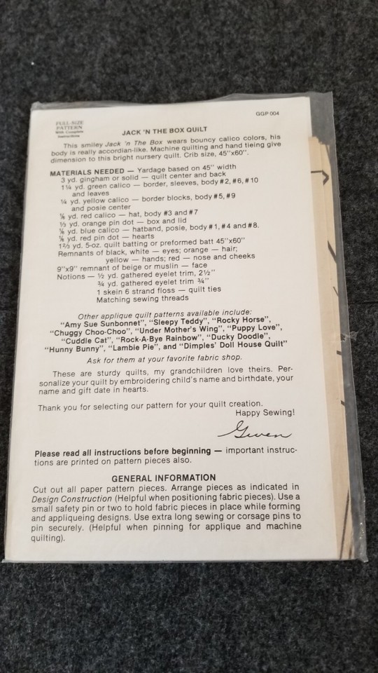 JACK 'N THE BOX Quilt Vintage Pattern Gingham Goose UNCUT U.S.A. | eBay