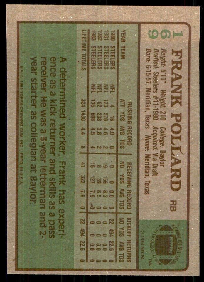 1984 TOPPS FRANK POLLARD PITTSBURGH STEELERS #169 | eBay