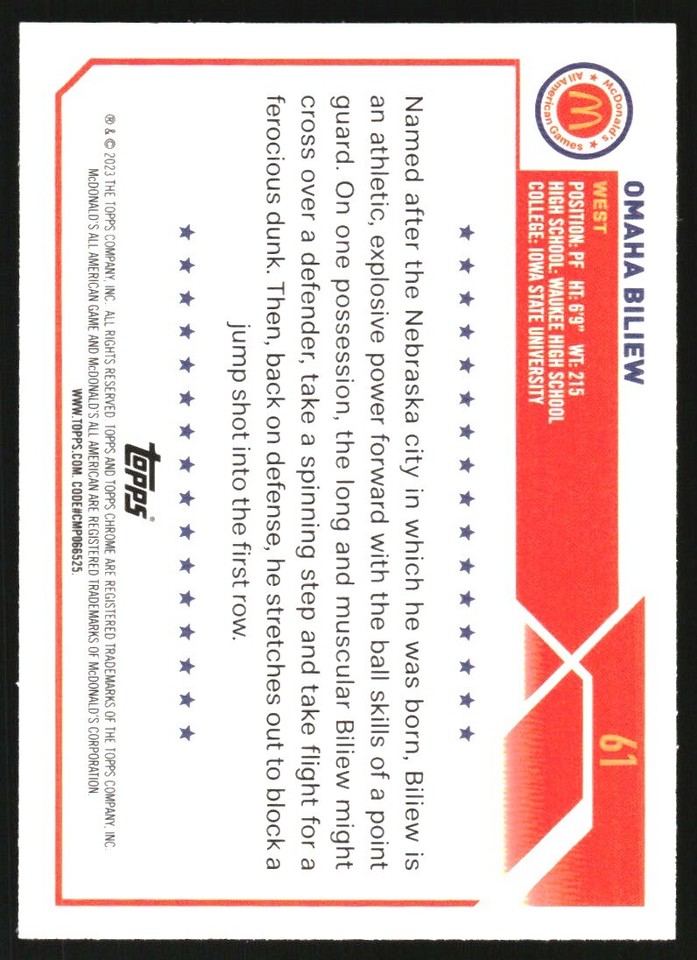 2023 Topps Chrome McDonald's All American #61 Omaha Biliew | eBay