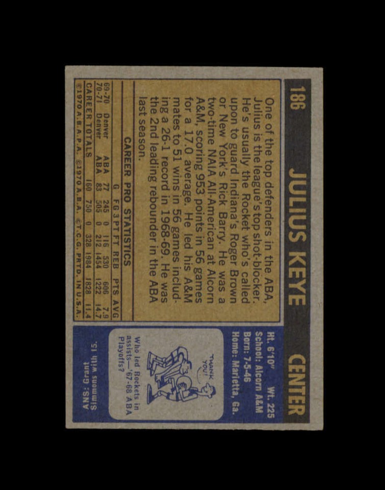 1971 Topps Basketball #186 Julius Keye STARX 5 EX (LS804910) | eBay
