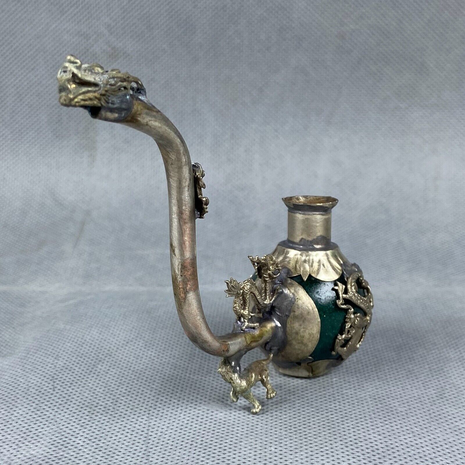 Tibet Silver Inlaid Old Jade Handmade Statue Dragon Phoenix Tiger ...
