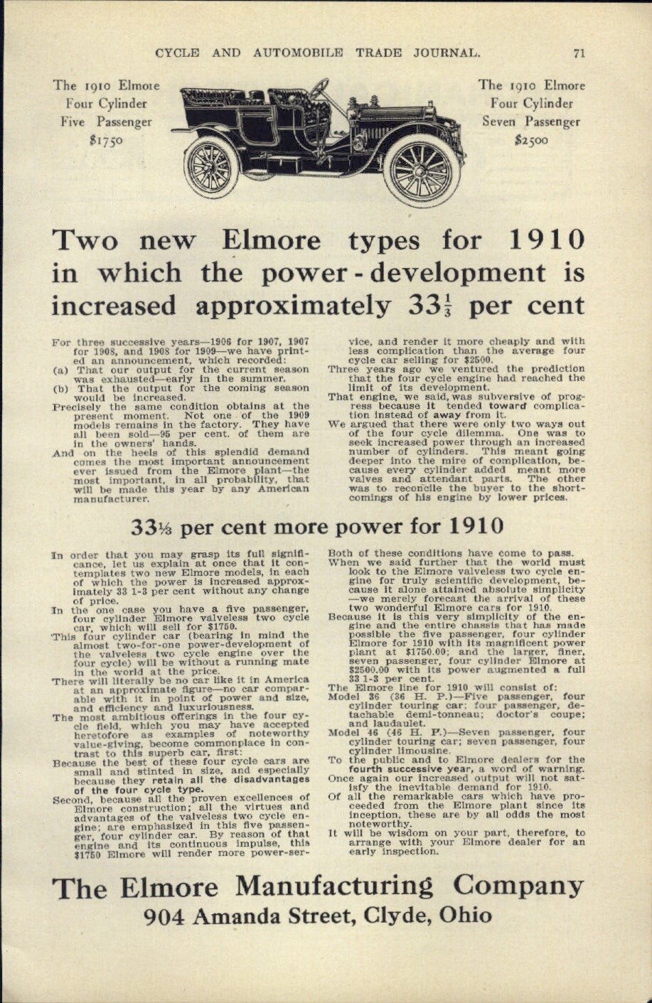 1909 PAPER AD CAR AUTO 1910 Elmore Automobile 4 cylinder 5 7 Passenger ...