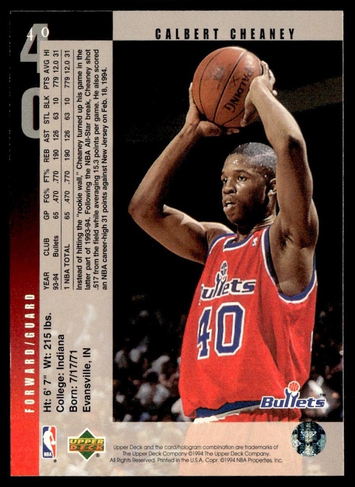 1994-95 Upper Deck Calbert Cheaney Washington Bullets #40 | eBay