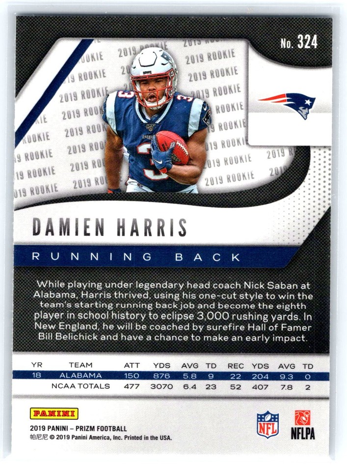 Damien Harris 2019 Panini Prizm #324 Rookie | eBay