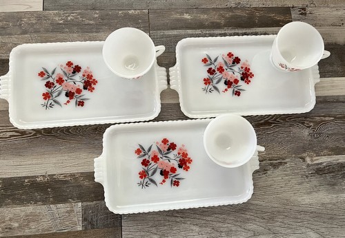 Set of 3 Vintage Fire King Primrose Milk Glass Snack Plates and Cups ...