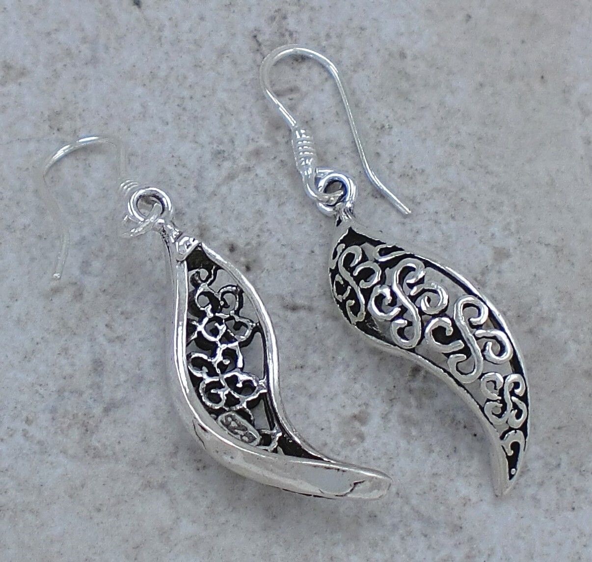 EXOTIC .925 STERLING SILVER FILIGREE HORN SHAPED DANGLING EARRINGS ...