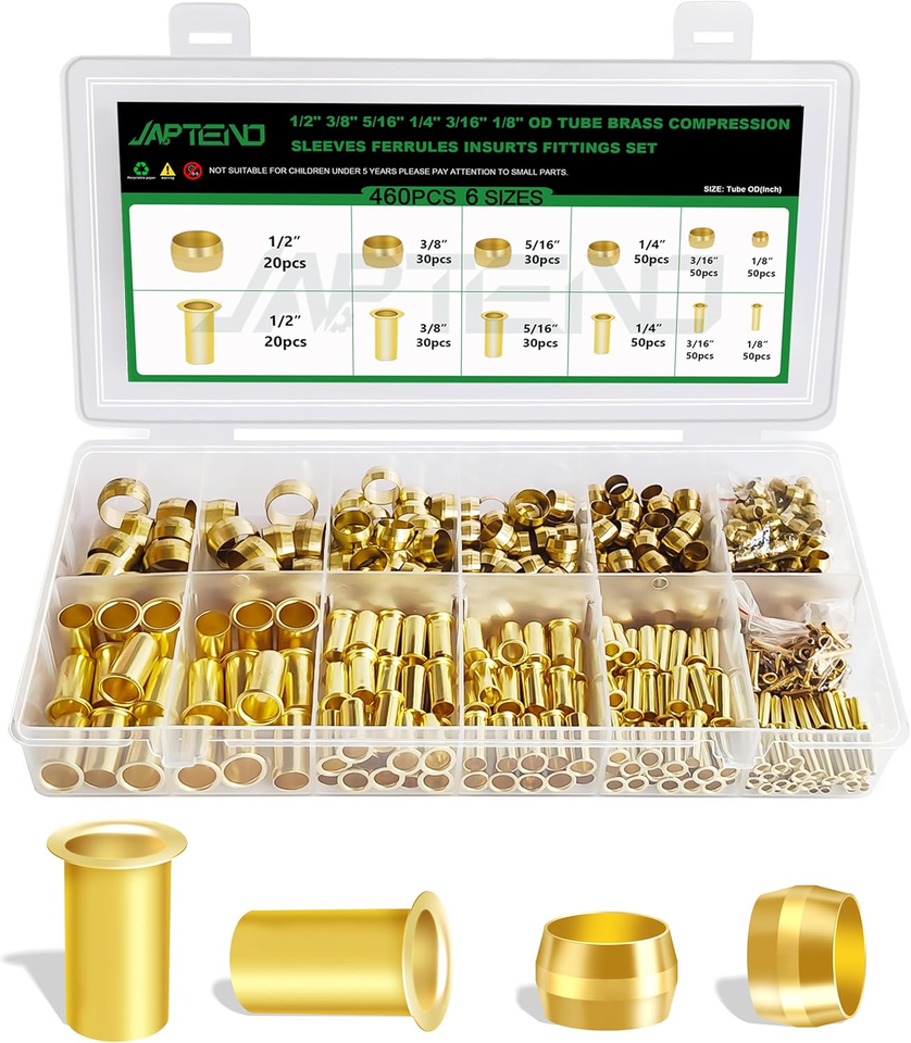 460pcs Brass Compression Sleeves Ferrules Inserts Fittings Assortment Kit, 1/2" | eBay