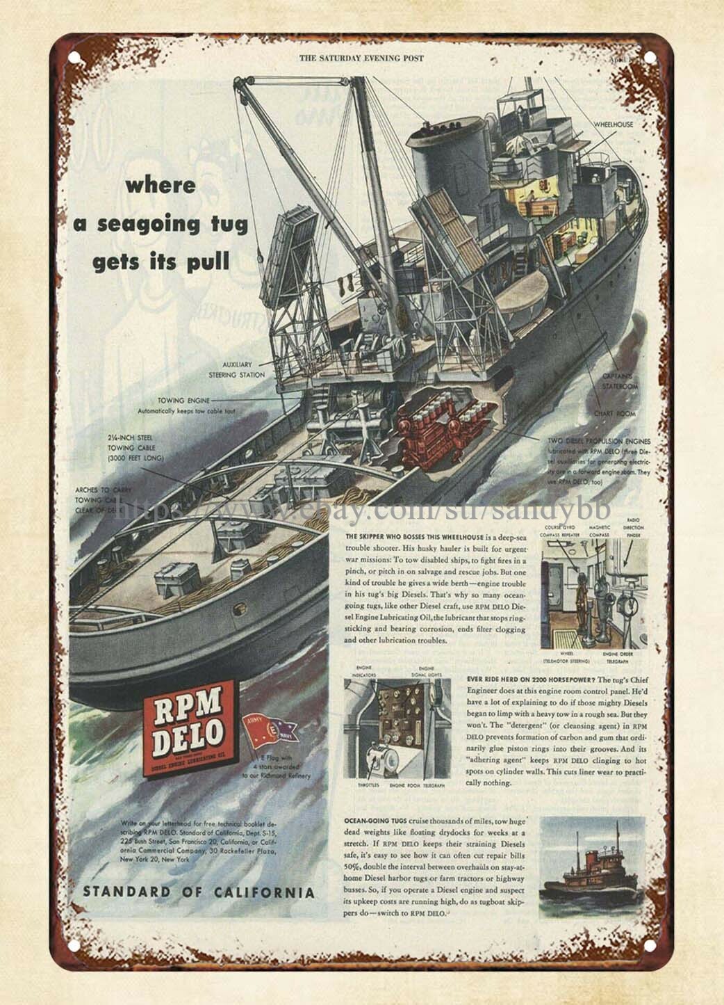 1945 RPM DELO Oil Period Tugboat Cutaway metal tin sign nostalgic wall ...